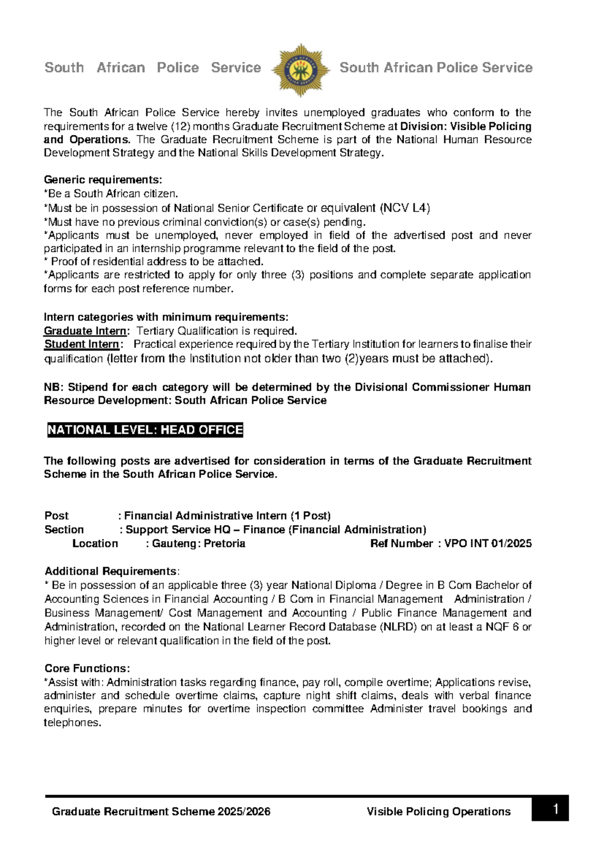 Graduate Recruitment Scheme Internships 2025 - SAPS VPO INT - Studocu