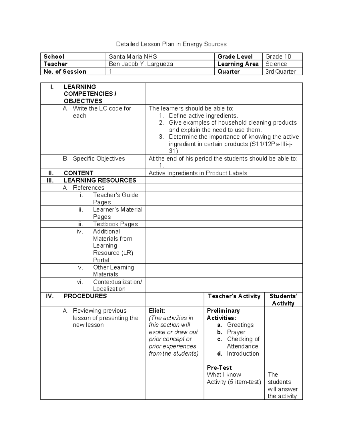 Detailed Lesson Plan on Active Ingredients in Cleaning Products (Grade ...