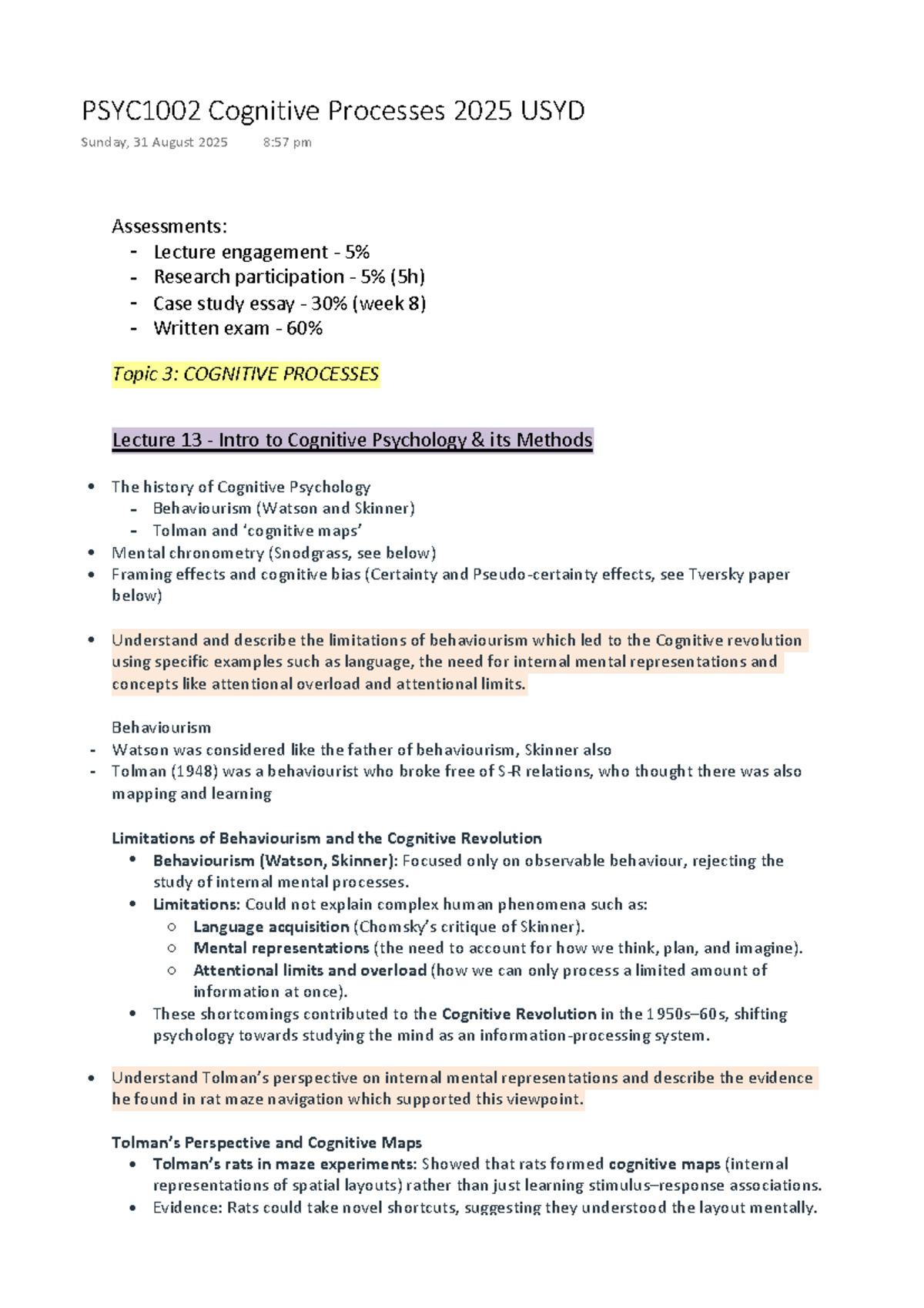 PSYC1002 Cognitive Processes: Lecture Notes & Key Concepts 2025 - Studocu