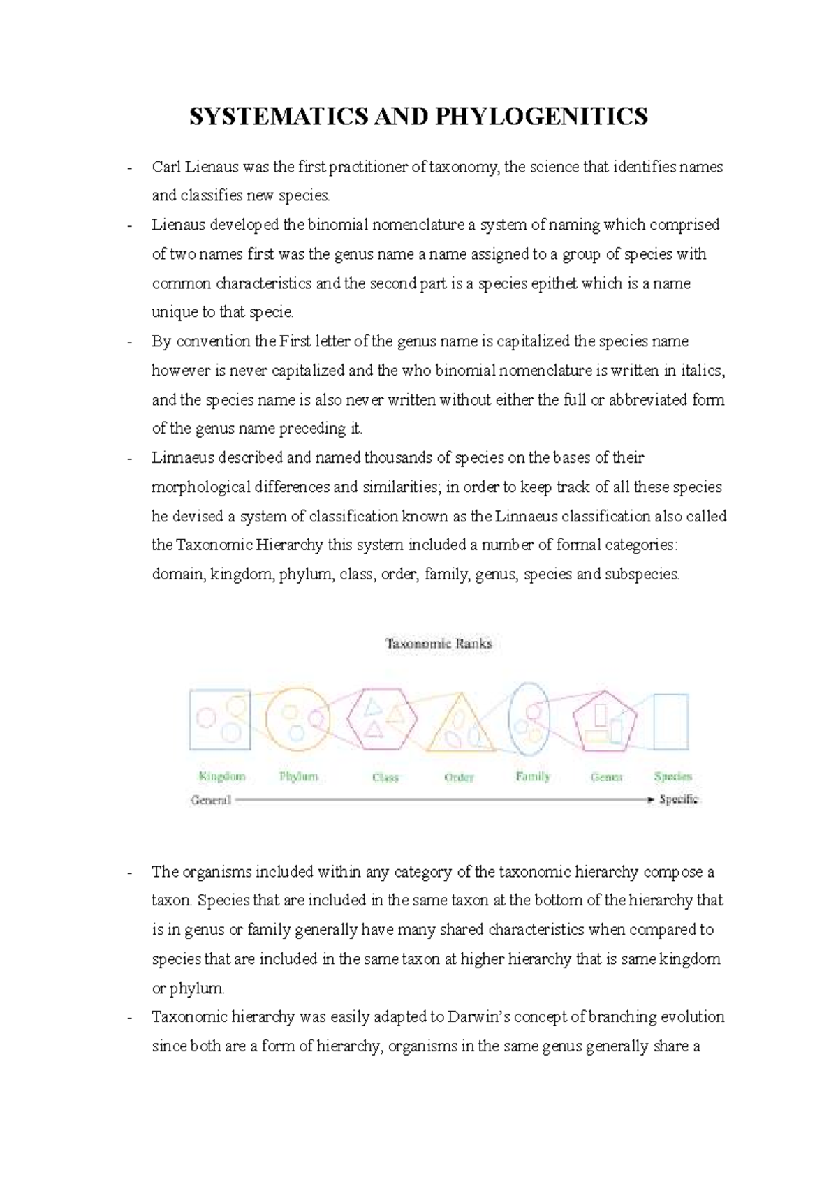 Systematics and Phylogenetics: Taxonomic Hierarchy Insights - Studocu