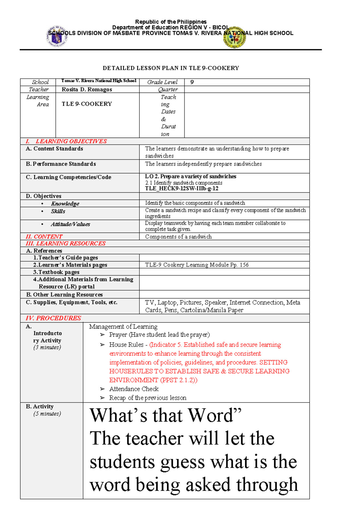 TLE 9 Detailed Lesson Plan: Preparing Sandwiches by Rosita D. Romagos ...