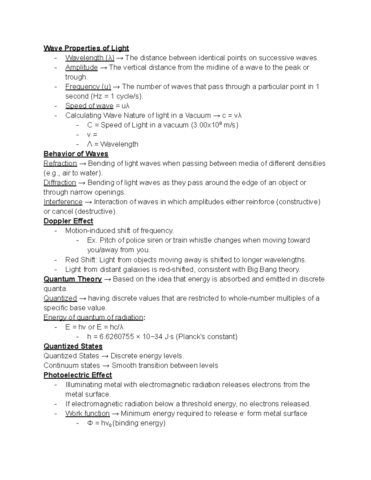 CHEM 104 - Unit 7 Notes - Wave Properties of Light - Wavelength (λ) → ...