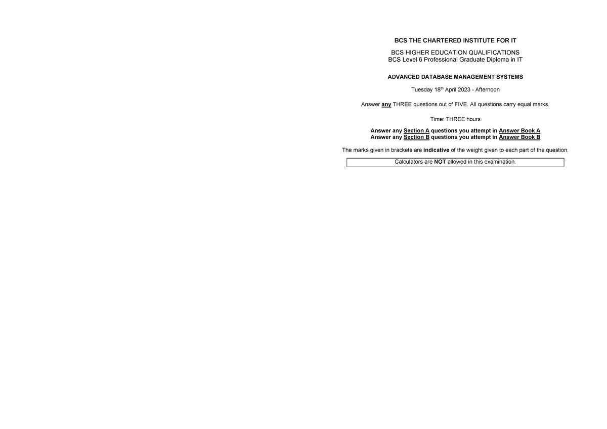 Heq apr23 pgd adms - Advanced Database Systems Past Papers April 2023 - BCS THE CHARTERED ...