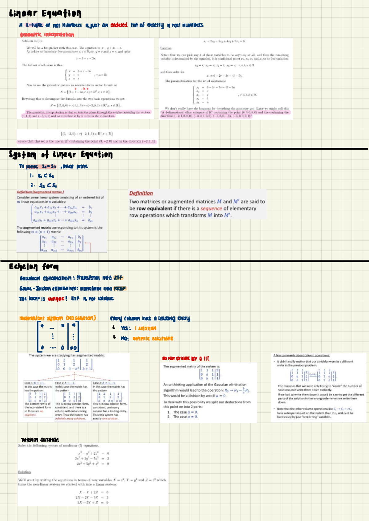 MH1200 Linear Algebra Summary: Systems, Matrices, and Subspaces - Studocu