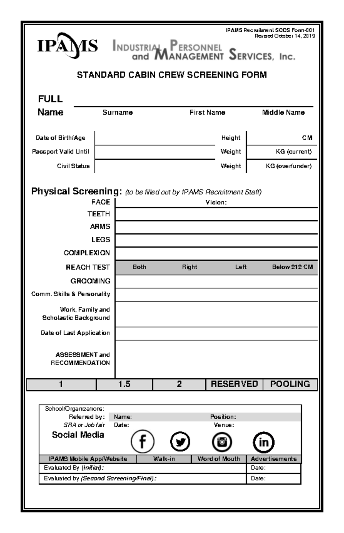 IPAMS Cabin Crew Evaluation Screening Form - Revised 2019 - Studocu