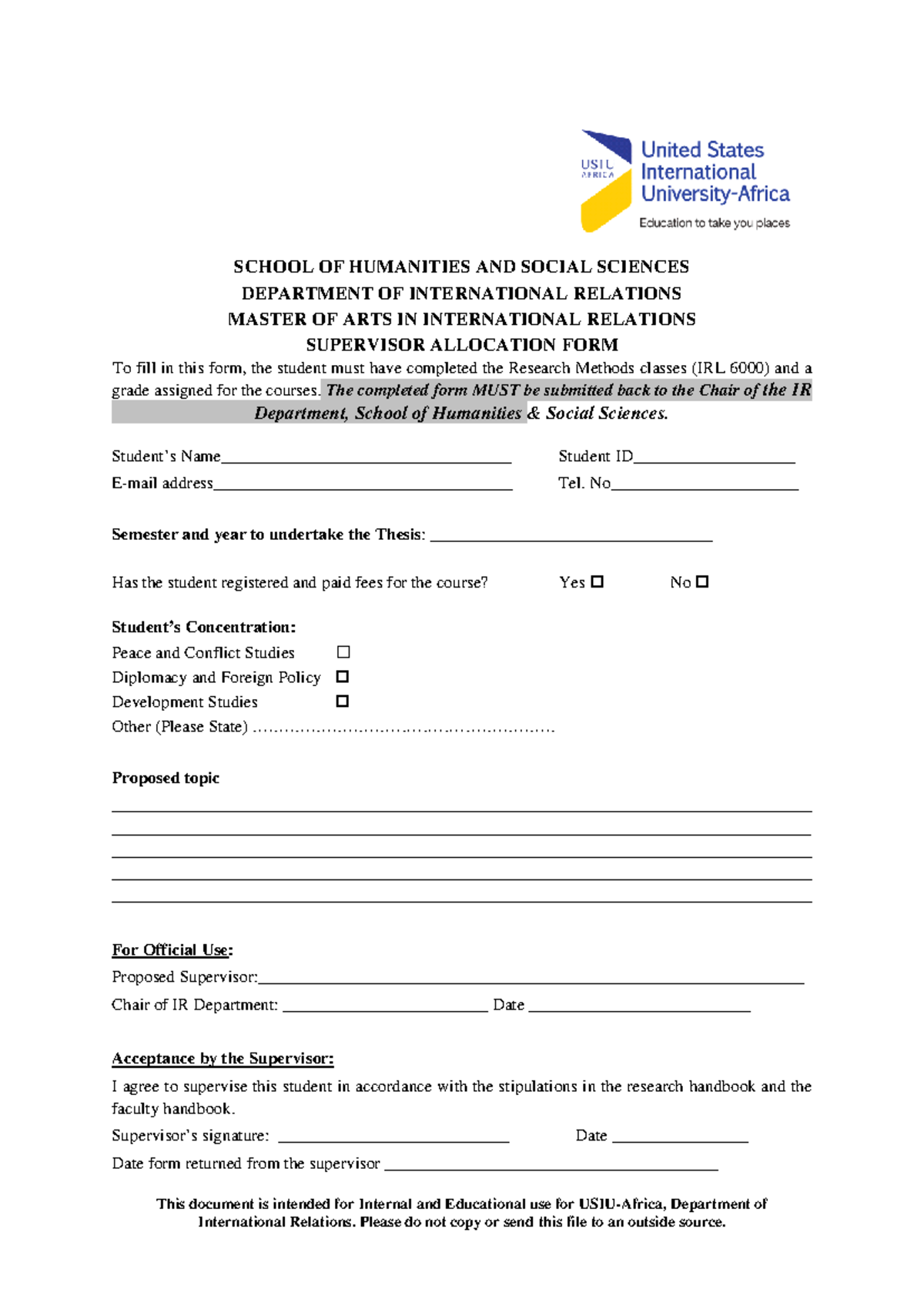 IRL 6901A MA 2012 - Supervisor Allocation Form for Thesis - Studocu