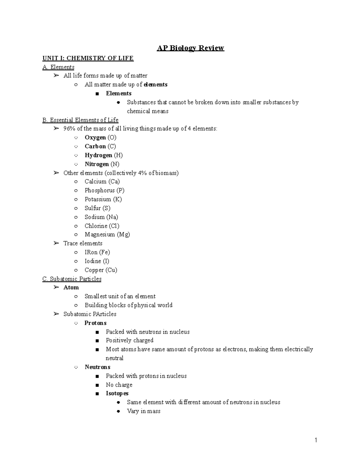 AP Biology Review: Unit I - Chemistry of Life Notes - Studocu