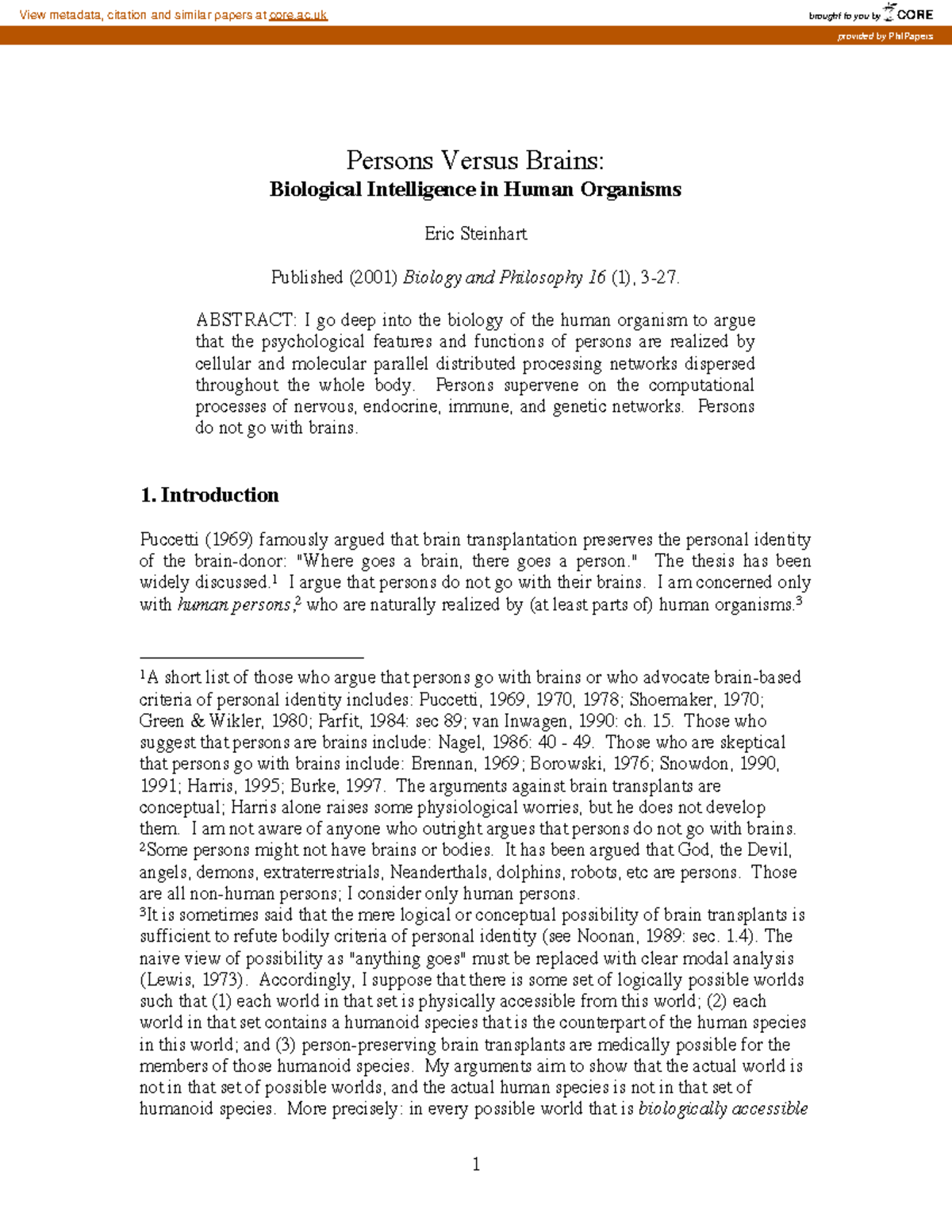 Biological Intelligence in Human Organisms - Persons Versus Brains ...