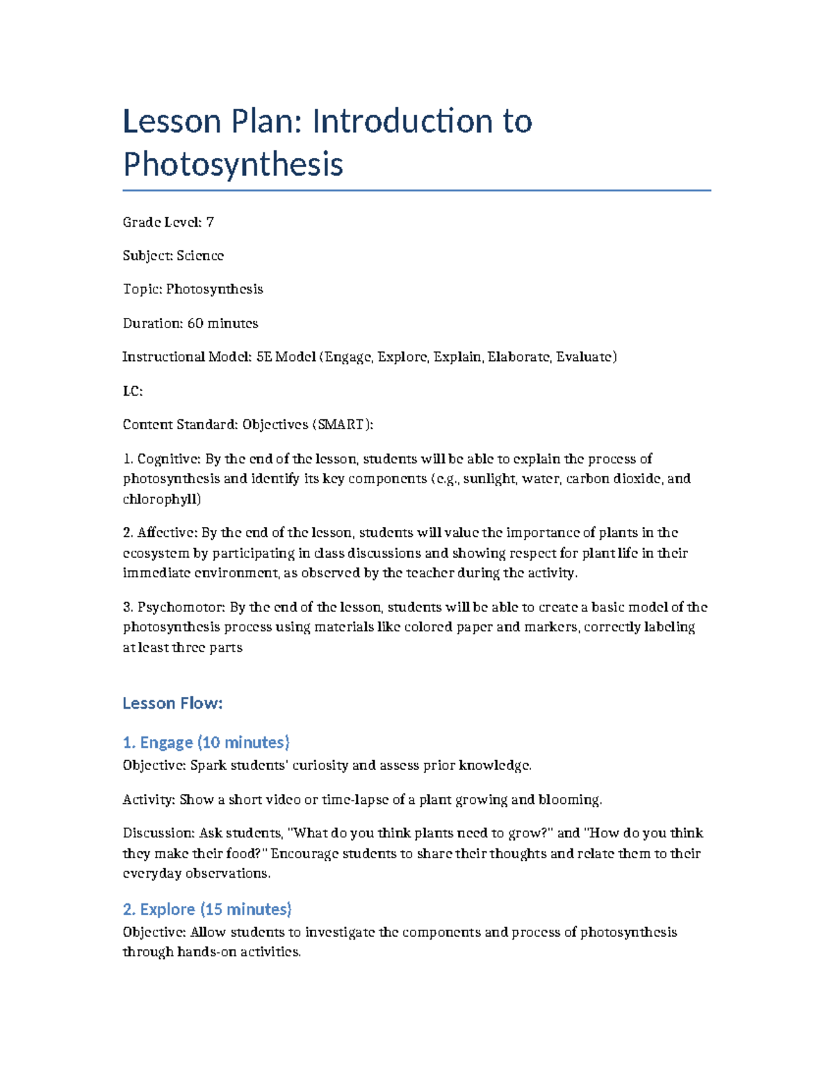 Photosynthesis Lesson Plan for Grade 7 Science Class - Studocu