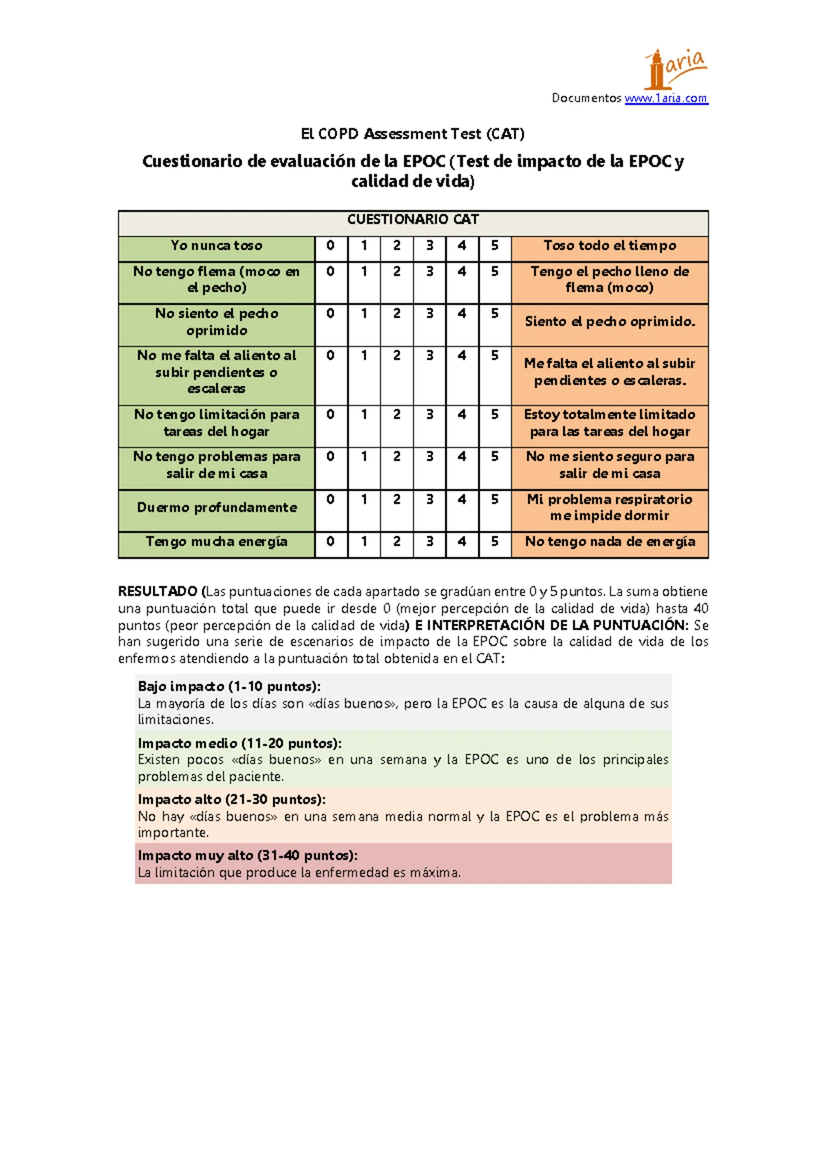 Evaluación del Impacto de la EPOC: Cuestionario CAT - Studocu