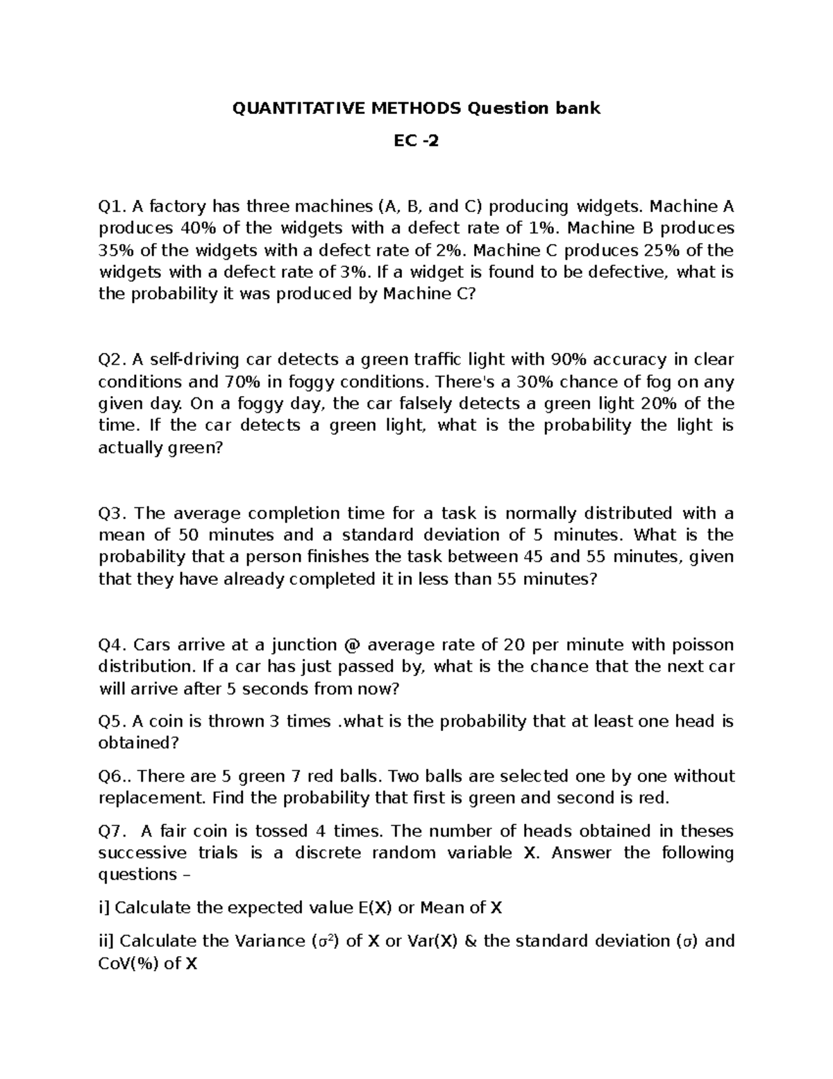 Quantitative Methods Question Bank EC: Probability & Statistics - Studocu
