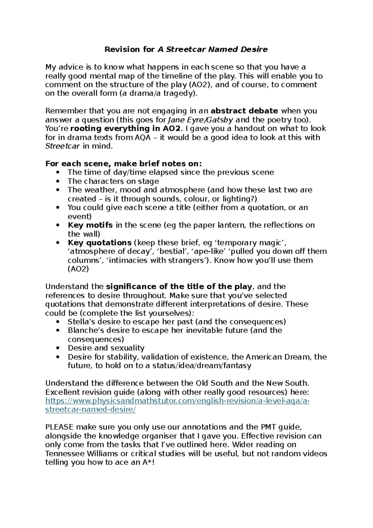Revision Guide for AQA Drama: A Streetcar Named Desire Analysis - Studocu