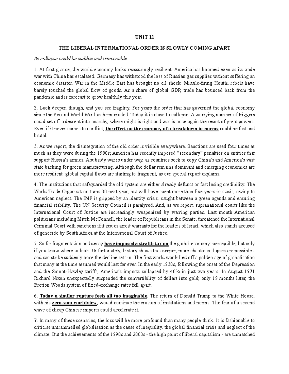 TACN2 Unit 11: The Fragility of the Liberal International Order - Studocu