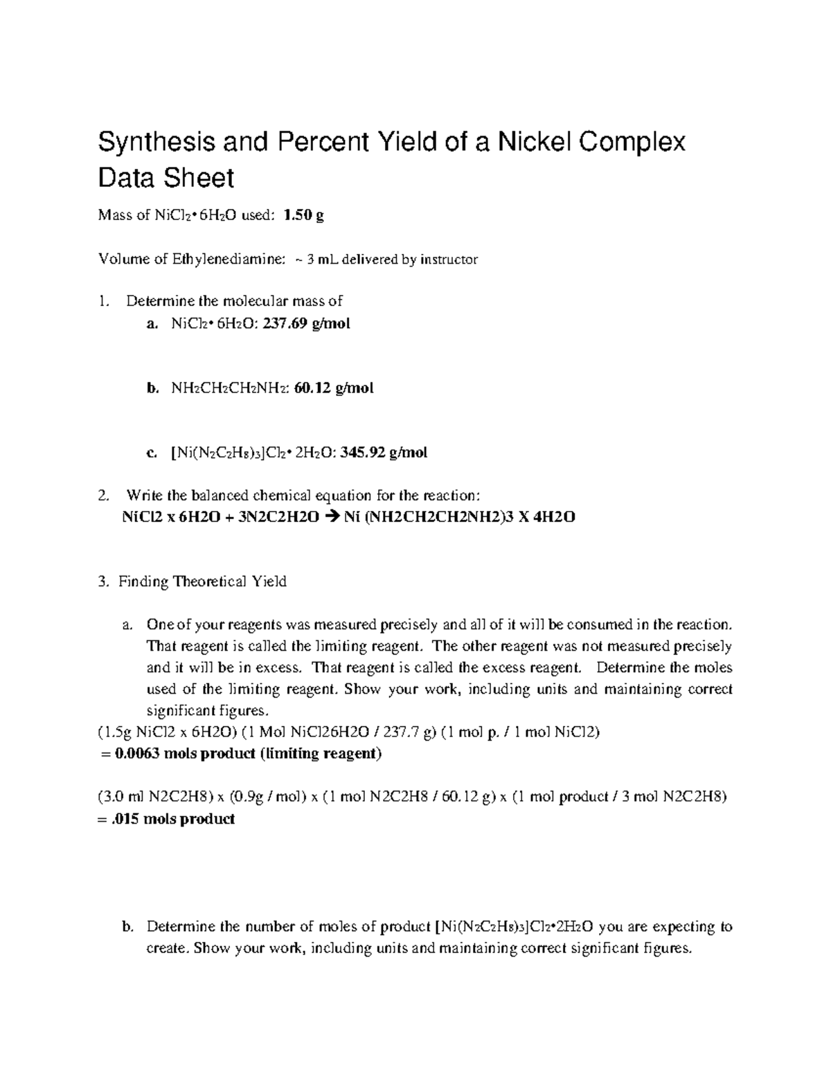 Data Sheet: Synthesis and Percent Yield of Nickel Complex - Chem Lab ...