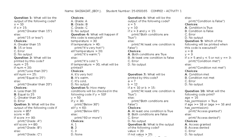 CE1D Conditional Statements Activity 1: Code Output Questions - Studocu