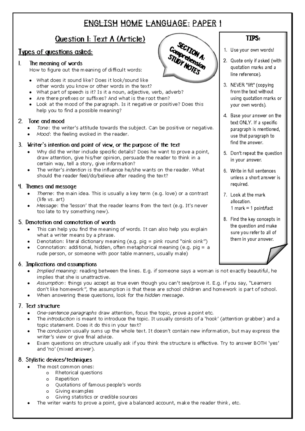 Eng HL Paper 1 Study Guide - ENGLISH HOME LANGUAGE: PAPER 1 Question 1 ...