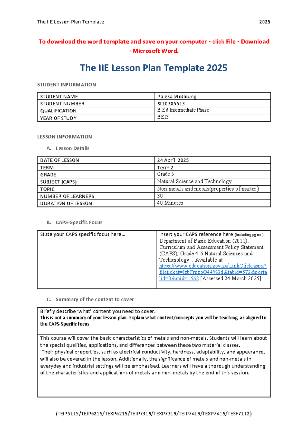 2025 IIE Lesson Plan Template for Grade 5 Natural Science & Tech - Studocu