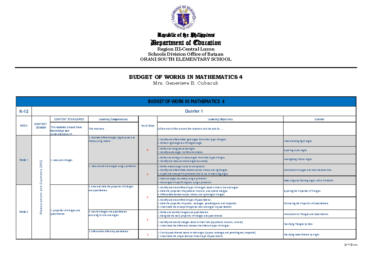Matatag: Budget of Works for Mathematics 4 - Quarter 1 to 4 - Studocu