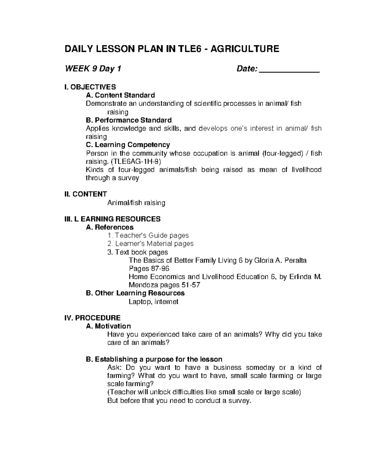 DAILY LESSON PLAN IN TLE 6 AGRICULTURE WEEK 9: Animal Raising ...