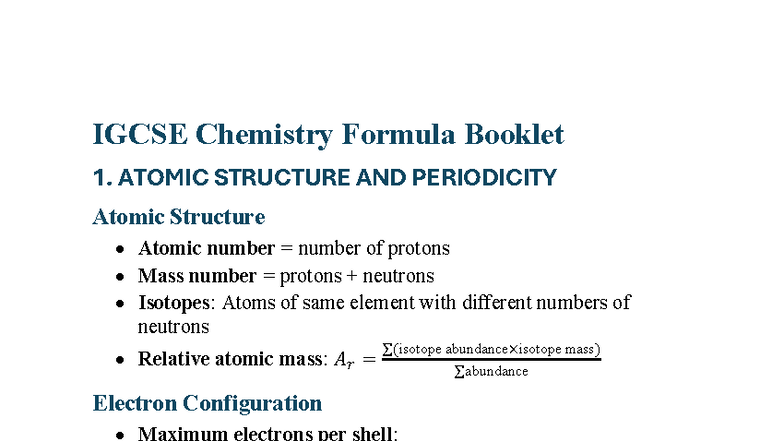 IGCSE Chemistry Formula Booklet: Key Concepts & Formulas - Studocu