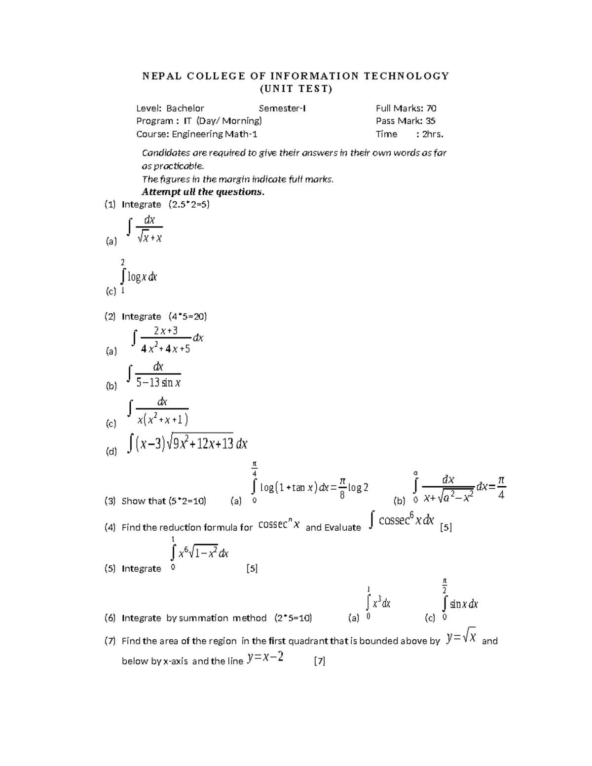 Engineering Math-1 - Unit Test Past Questions (Bach Sem-I) - Studocu