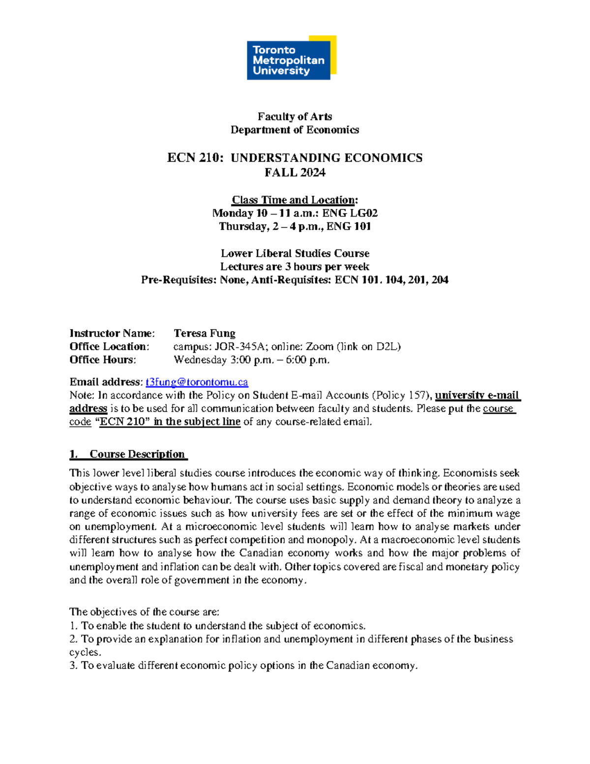 ECN 210: Understanding Economics Course Outline - Fall 2024 - Studocu