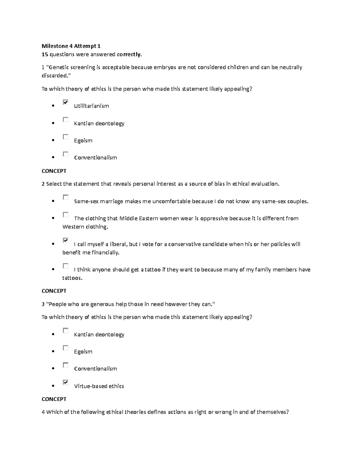 Ethics Unit 3 Milestone 3 Milestone 3 Attempt 1 15 Questions Were