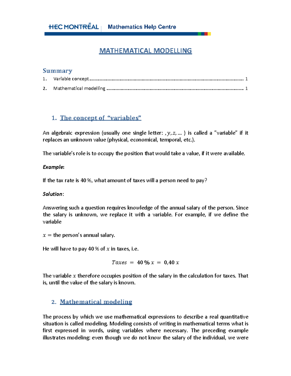 MATHEMATICAL MODELLING Summary and Key Concepts - Studocu
