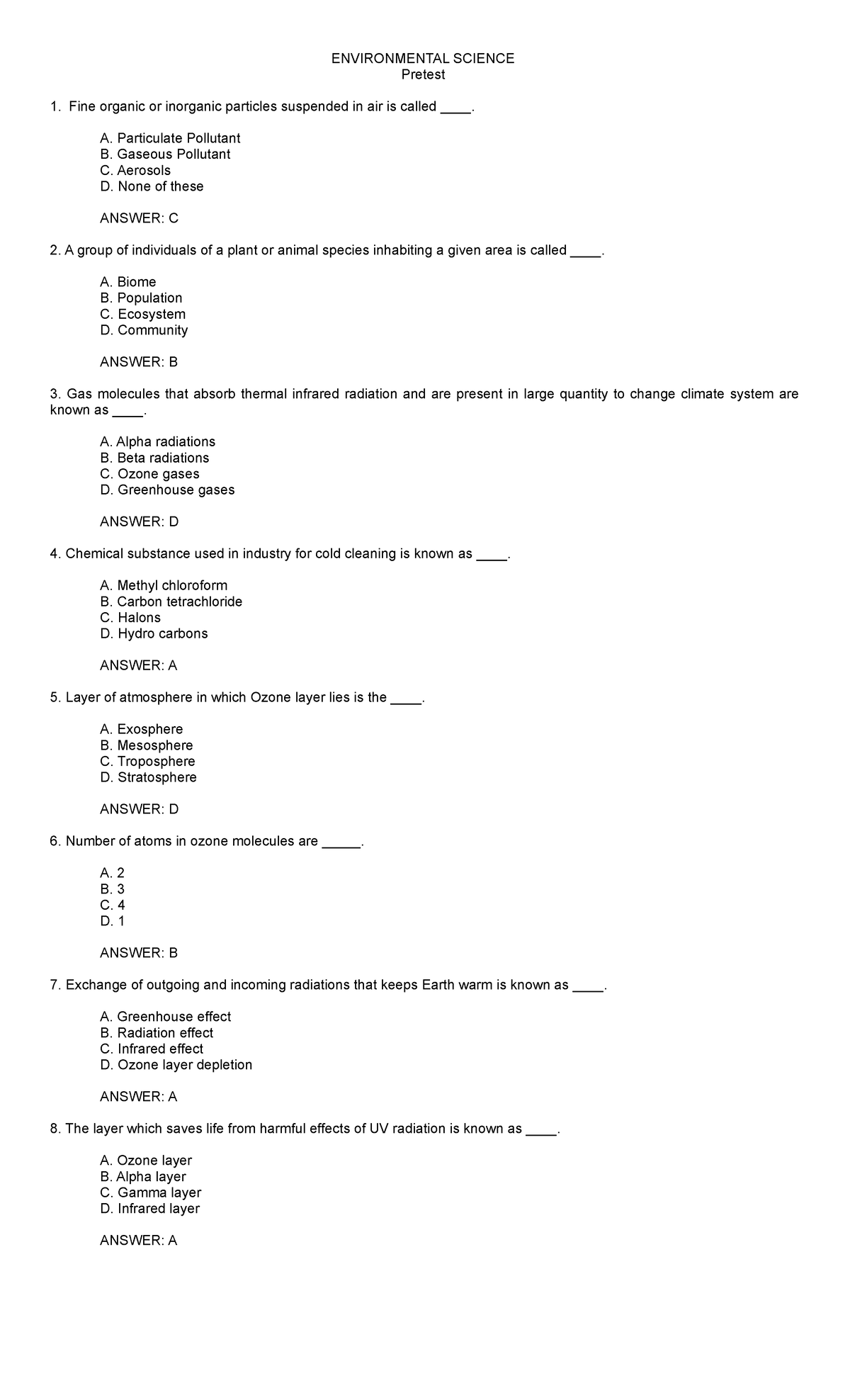 Pretest IN Environmental Science - ENVIRONMENTAL SCIENCE Pretest Fine ...