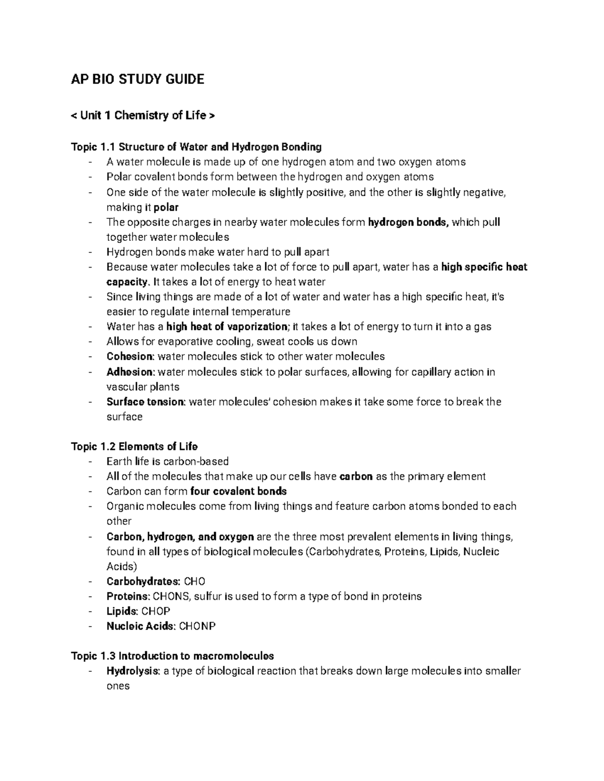 AP BIO Study Guide: Unit 1 - Chemistry of Life Overview - Studocu