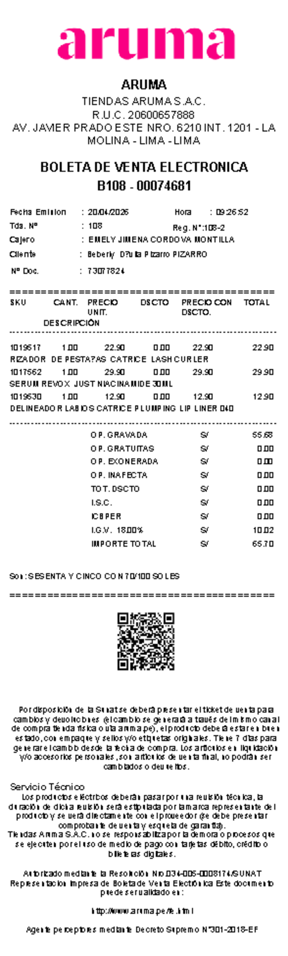 Boleta de Venta Electrónica B108 - Tiendas Aruma S.A.C. - Studocu