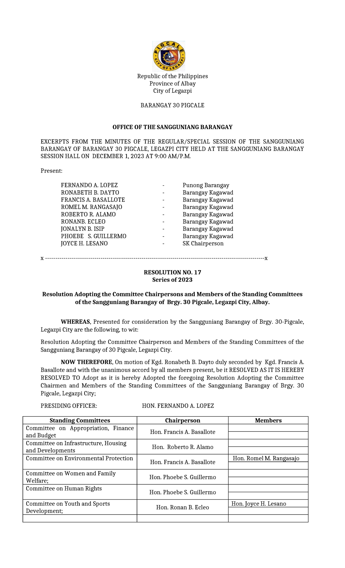 Resolution No. 17-2023: Adoption of Standing Committee Chairpersons ...