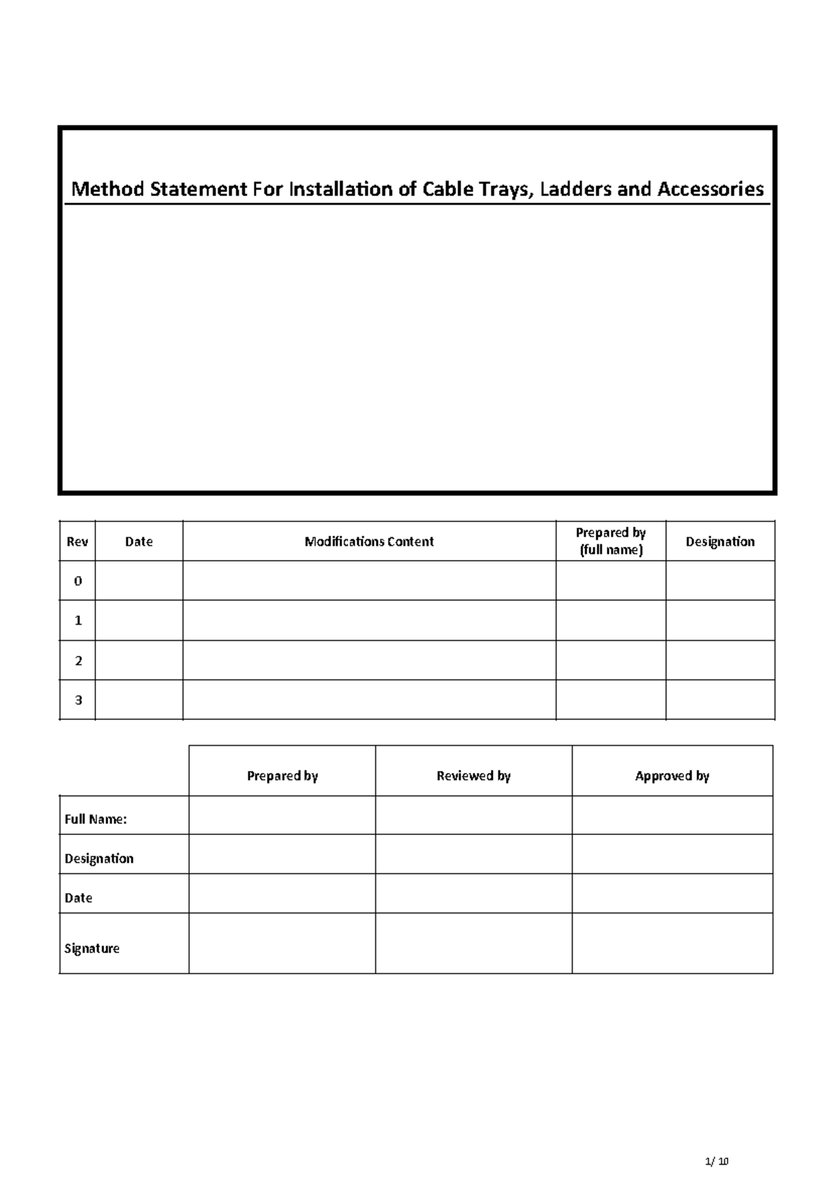 Method Statement For Installation of Cable Trays, Ladders and ...