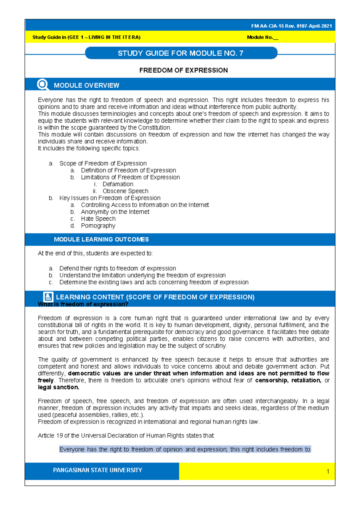 GEE 1 Study Guide Module 7: Freedom of Expression Overview - Studocu