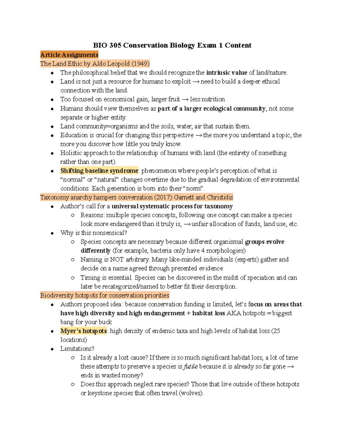 BIO 305 Conservation Biology Exam 1 Review Notes - Studocu