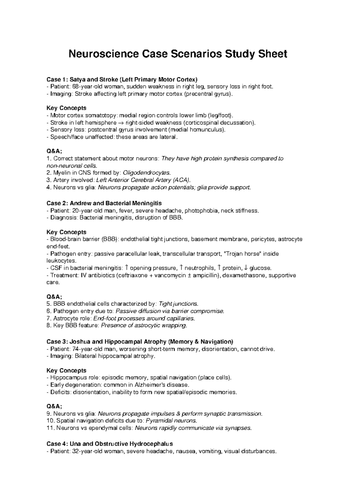 Neuroscience Case Scenarios Study Sheet: W3 Workshop Insights - Studocu