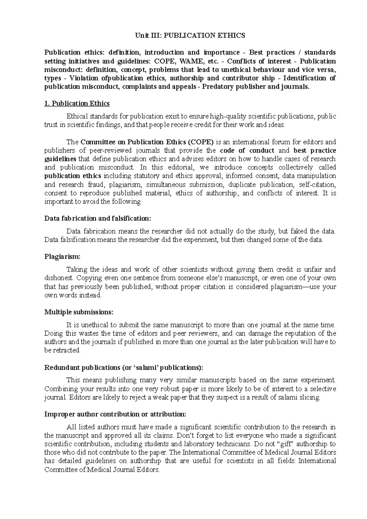 UNIT-3 - notes - Unit III: PUBLICATION ETHICS Publication ethics ...