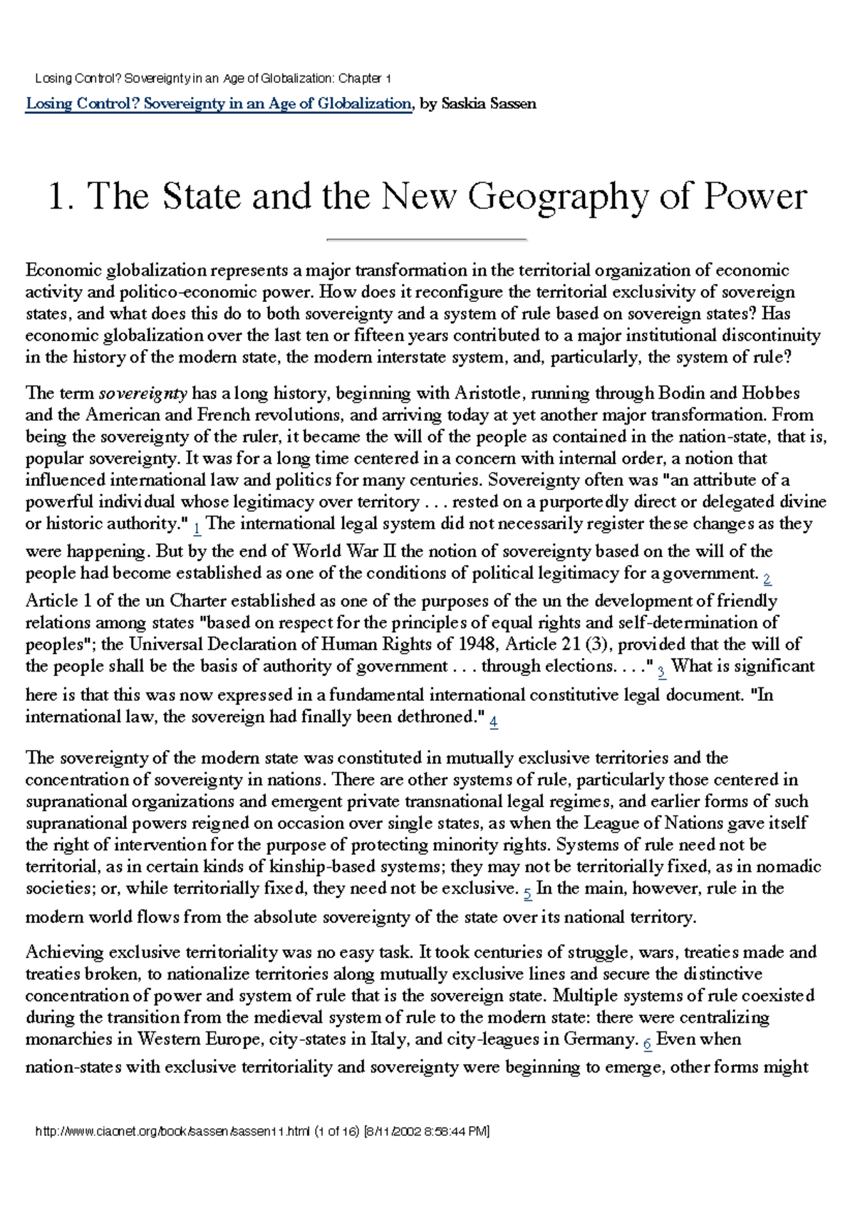 Losing Control? Sovereignty in Globalization - IR 2C, SEM. 4 Chapter 1 ...