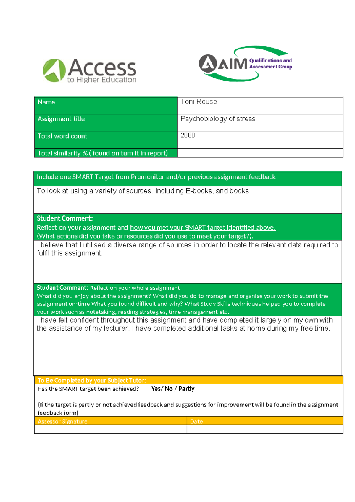 Student Assessment template 23 - Name Toni Rouse Assignment title ...