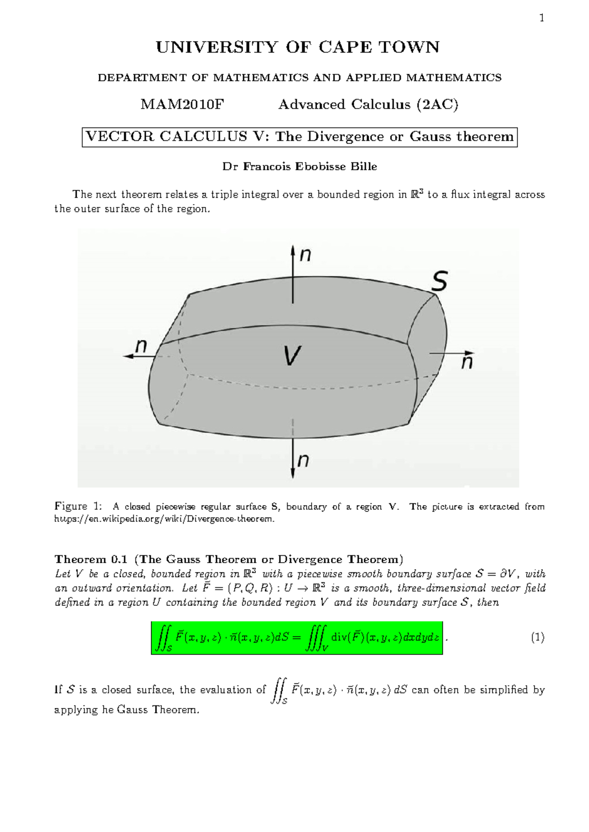 MAM2010F Final Exam Notes: Vector Calculus V - Gauss Theorem - Studocu