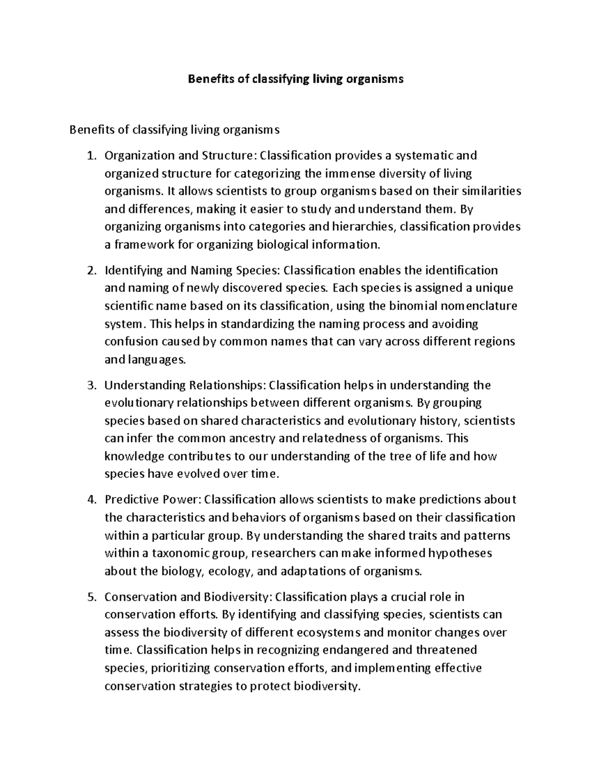 Benefits of Classifying Living Organisms for Biological Studies - Studocu
