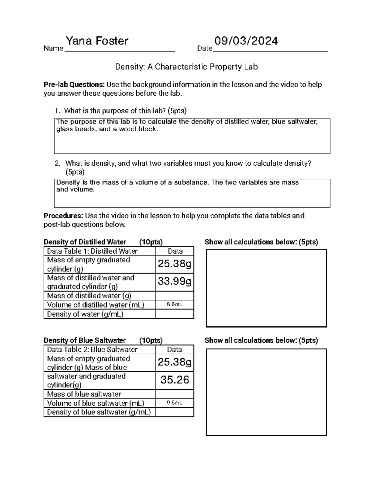 Density Lab Student Handout v2023: Understanding Density Calculations ...