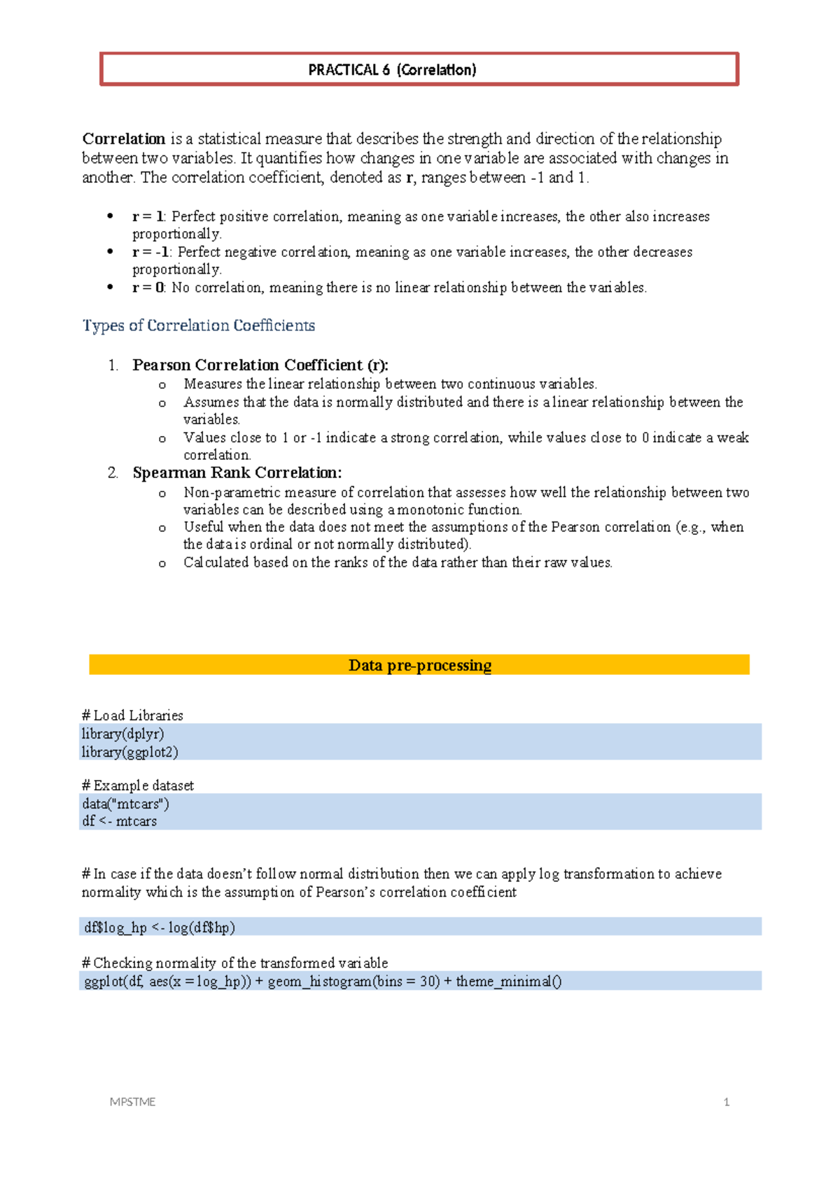 MPSTME 6 Practical 6: Understanding Correlation Coefficients and Analysis - Studocu