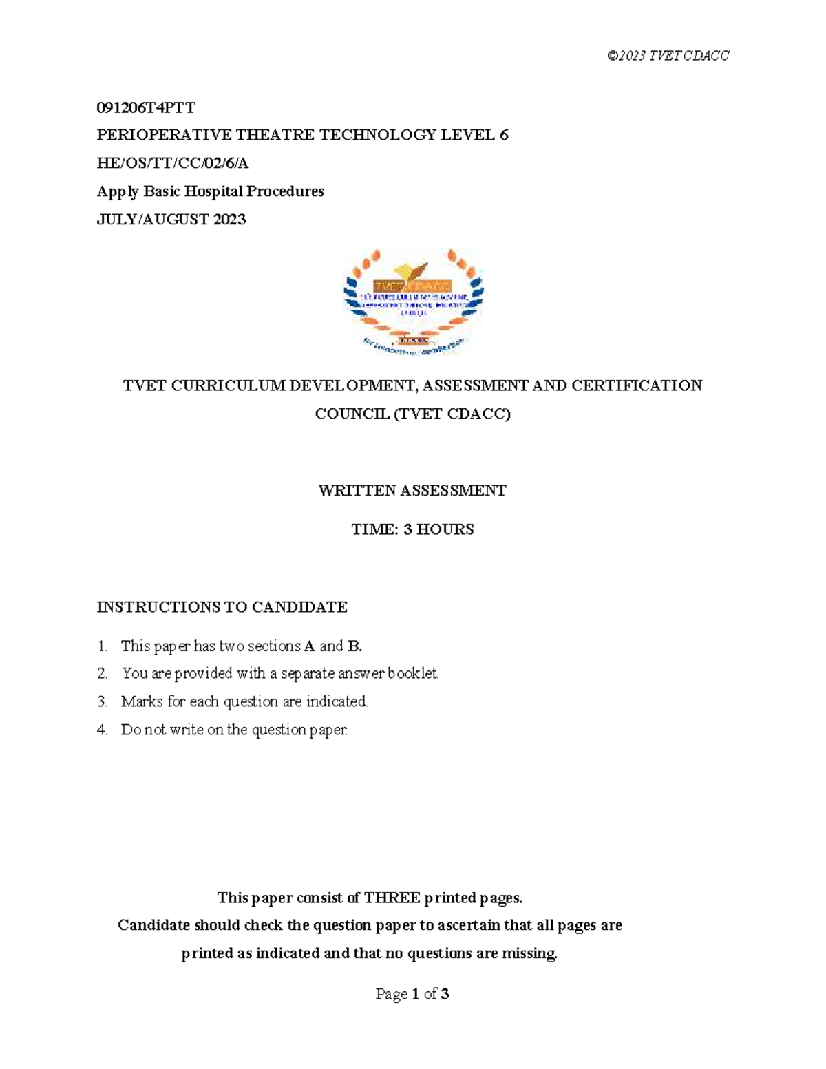 Basic Hospital Procedures Assessment - 091206T4PTT Level 6 - Studocu