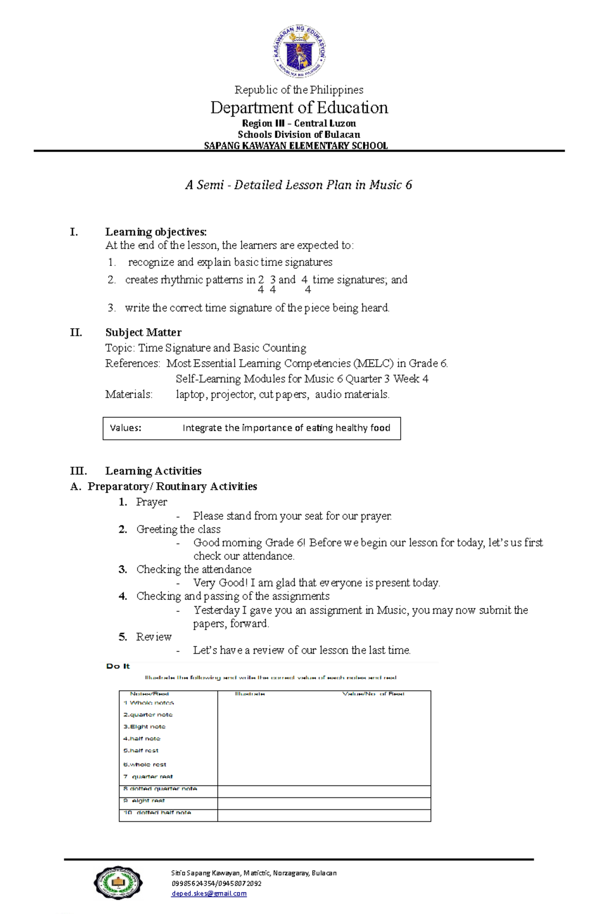 Semi-Detailed Lesson Plan on Time Signatures in Music 6 - Studocu