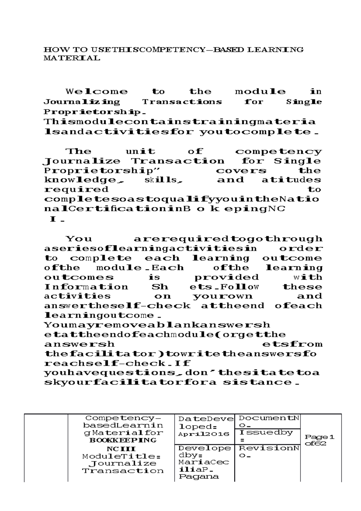 Cblm-bookkeepingdocx for NC 3 bookkeeping program of TESDA - Competency ...
