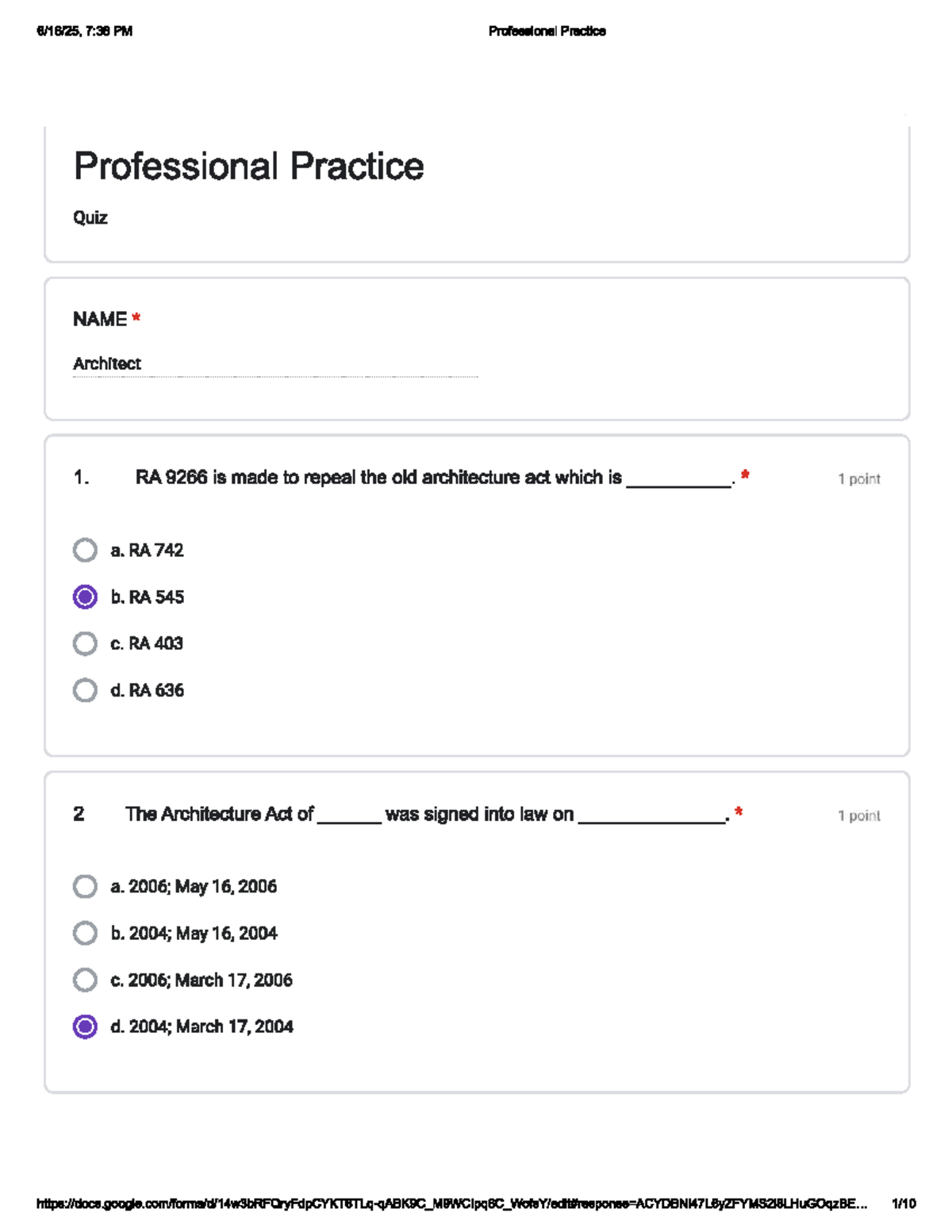 Professional Practice Quiz (PP) - RA 9266 and Architectural Concepts ...