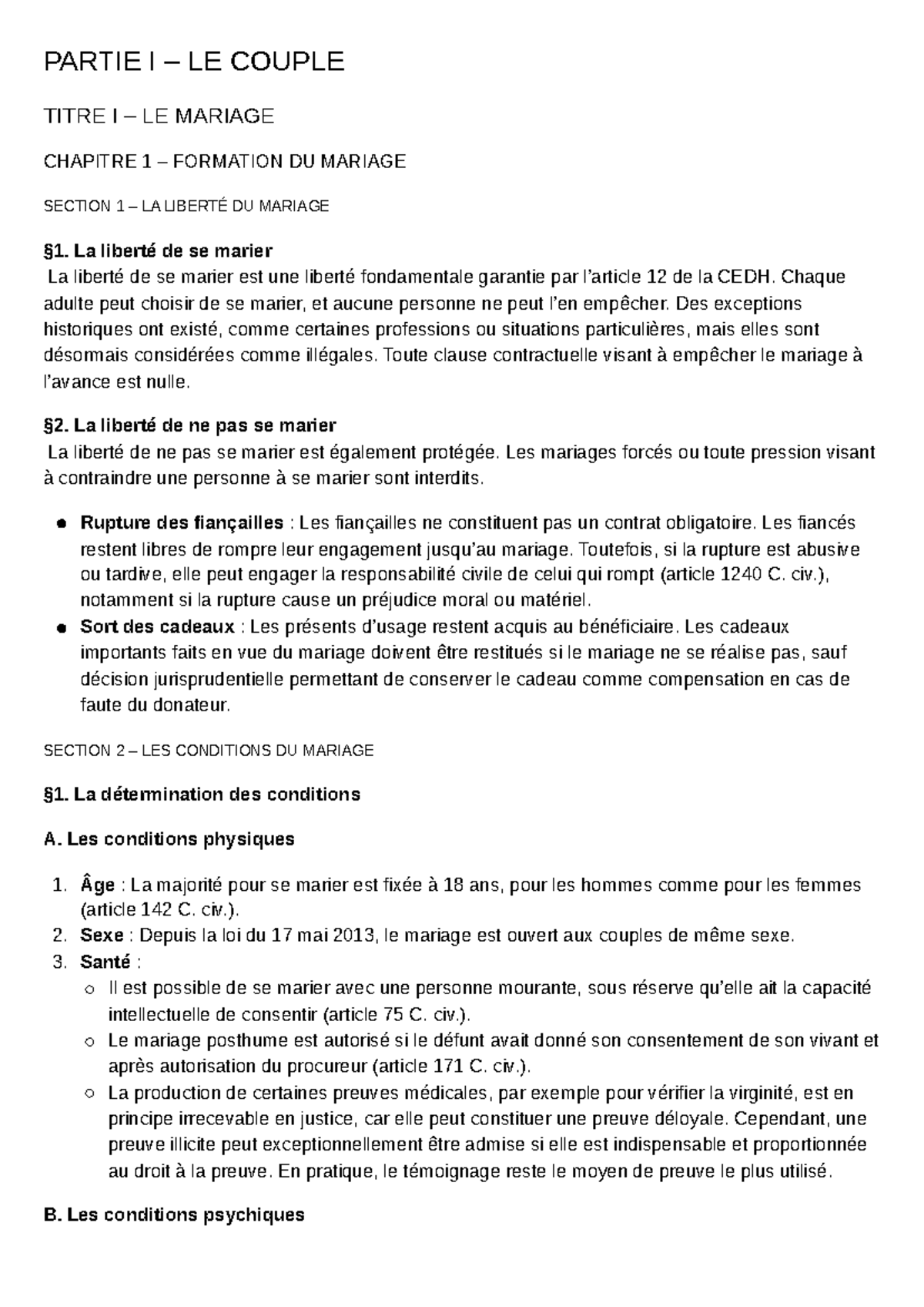 PARTIE I LE COUPLE TITRE I LE MARIAGE CHAPITRE 1 FORMATION DU MARIAGE ...