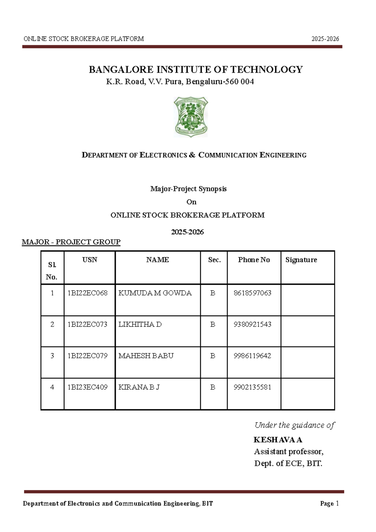 ONLINE STOCK BROKERAGE PLATFORM SYNOPSIS - ECE 1BI22EC068 - Studocu
