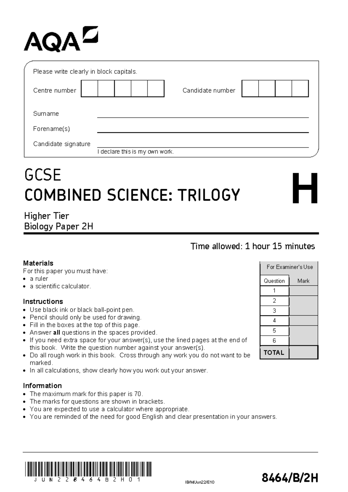 AQA GCSE Combined Science: Biology Paper 2 Higher Tier 2022 - Studocu